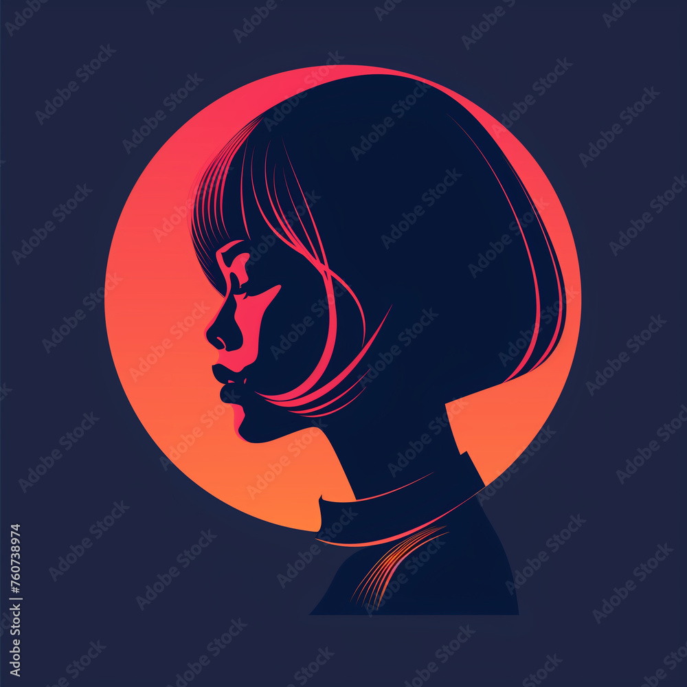 retro, woman silhouette, bobcut hairstyle, sunset background ...