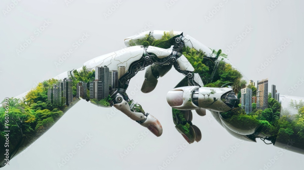 The robot's hands hold green plants and human hands, highlighting the ...
