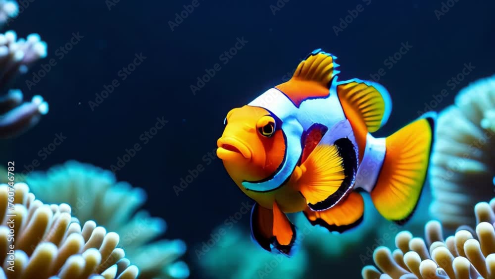 Cute anemone fish over coral reef background isolated closeup ...