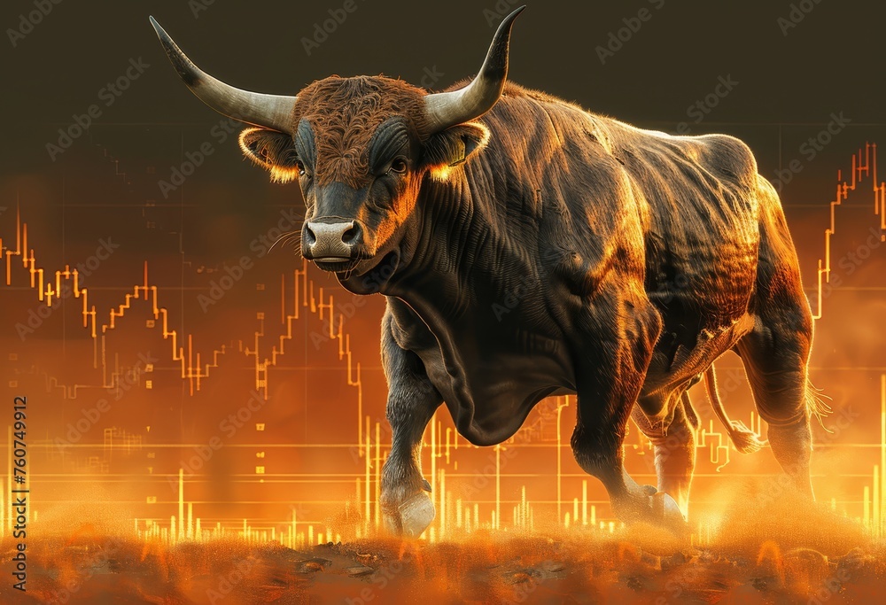 A powerful bull charging forward, with its legs in the air and sharp ...