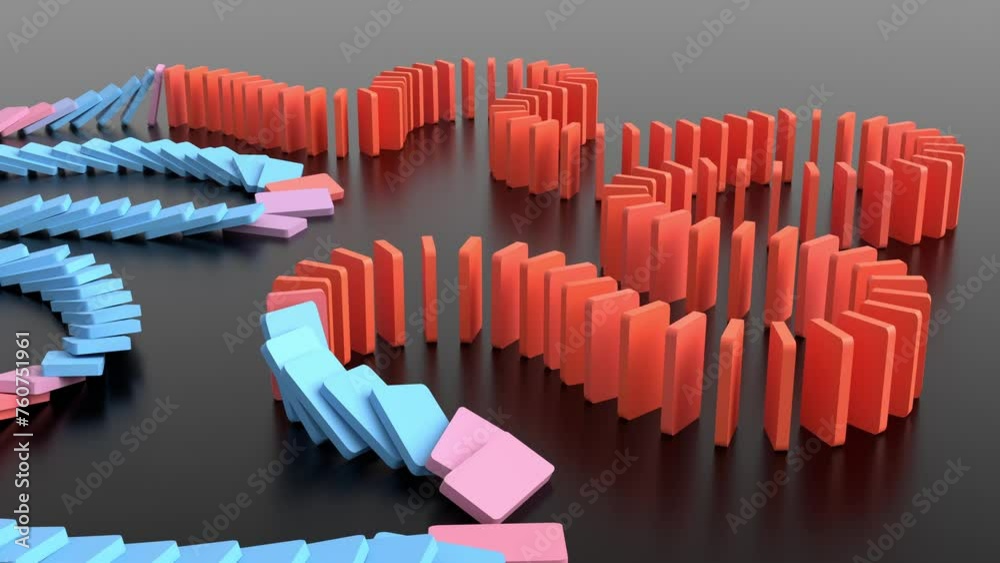 domino effect chain reaction 3d animation. Can be used to represent ...