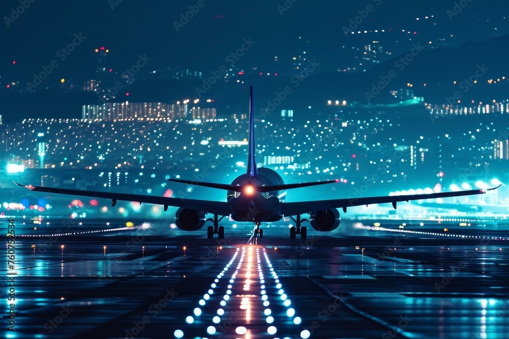 Illuminated Airport night airplane. Night flight field. Generate Ai ...