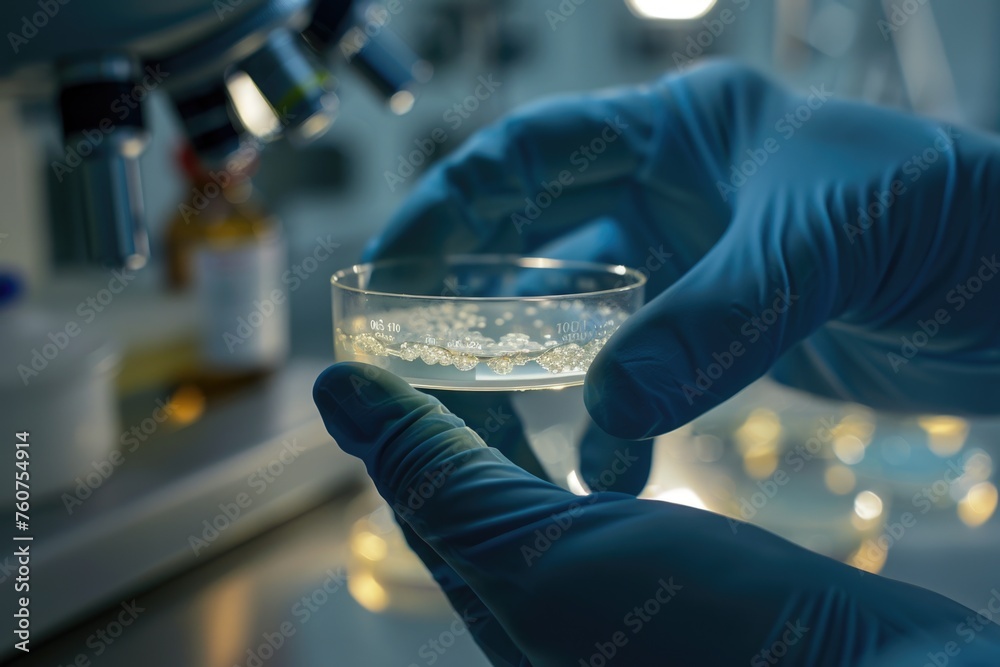 A laboratory setting where a gloved hand is holding a petri dish with a ...
