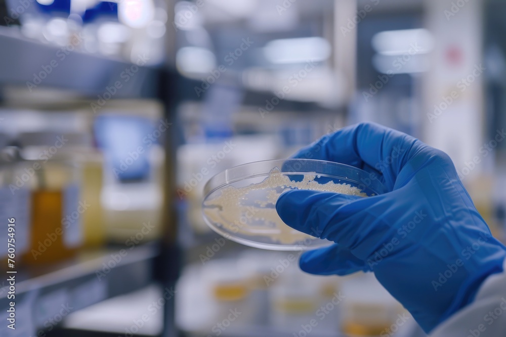 A laboratory setting where a gloved hand is holding a petri dish with a ...