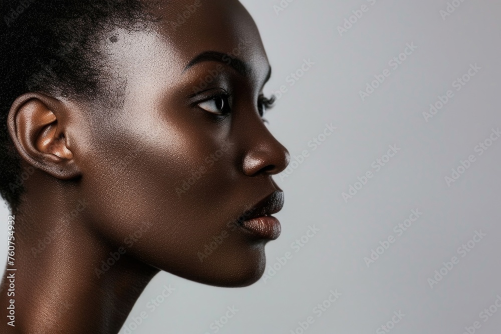 A side profile portrait of a woman with dark skin. The focus is on her ...