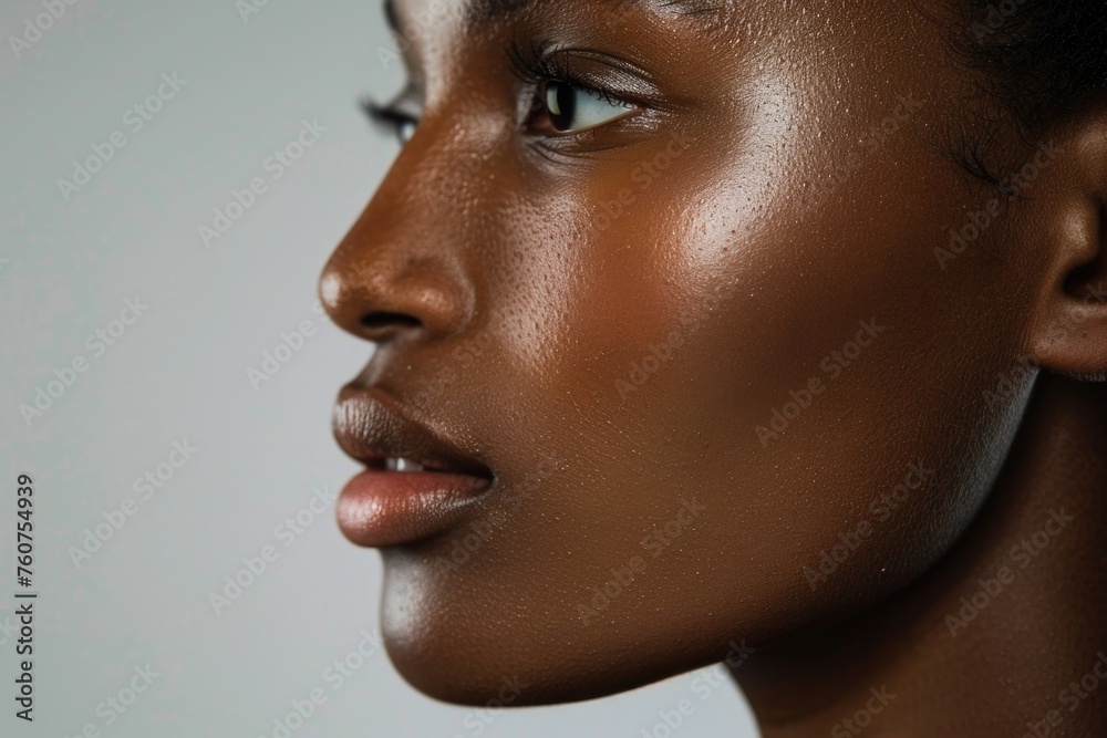 A side profile portrait of a woman with dark skin. The focus is on her ...