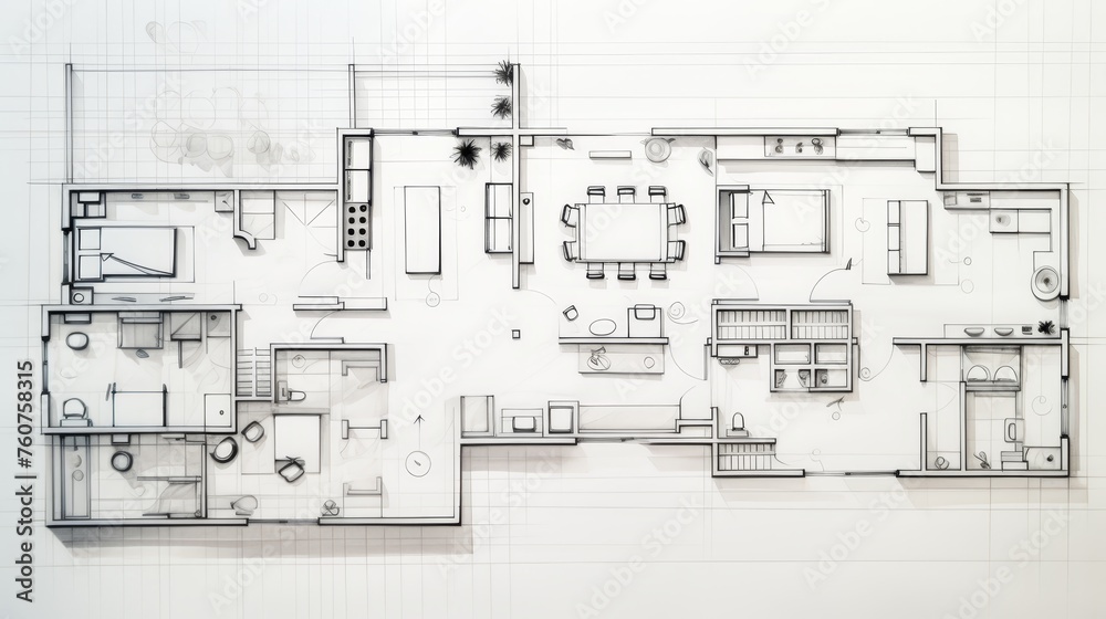 Subdued line drawing of a minimalist apartment floor plan AI generated ...