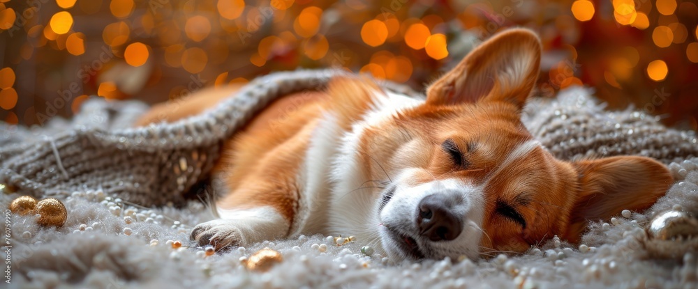 A cute little corgi lying on a cloud in the night sky, smiling in its ...