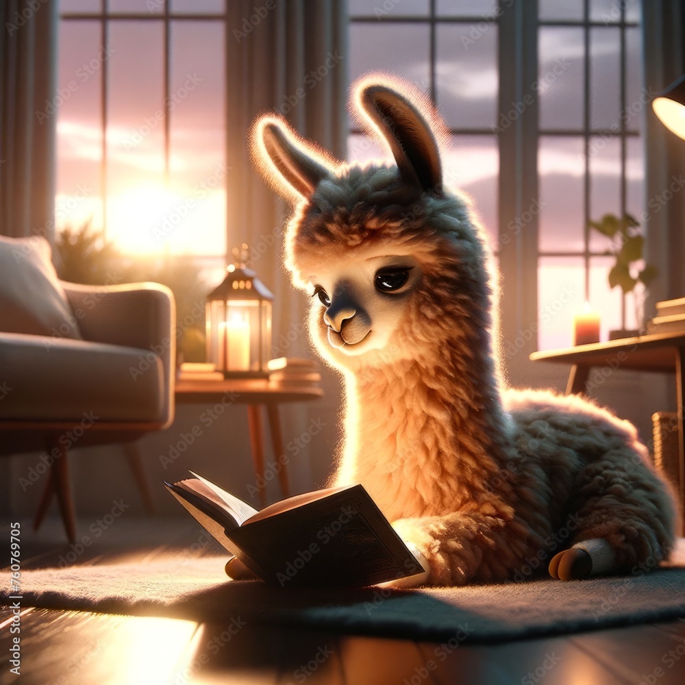 Cute Baby Llama Reading Book. Cartoon Lama Camel Sitting on the Floor ...