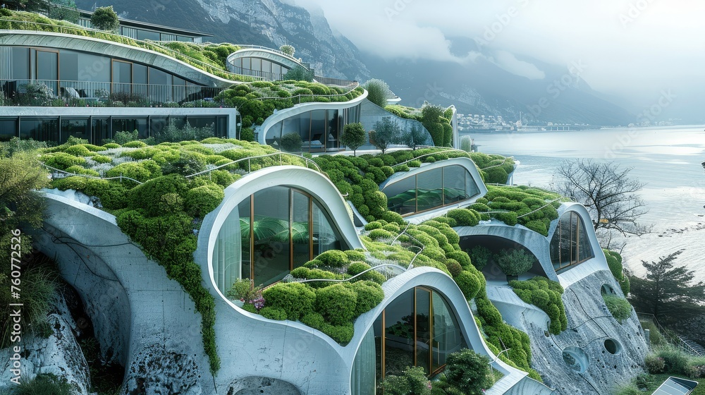 Cliffside with the organic architecture with Angular gabled roofs and ...