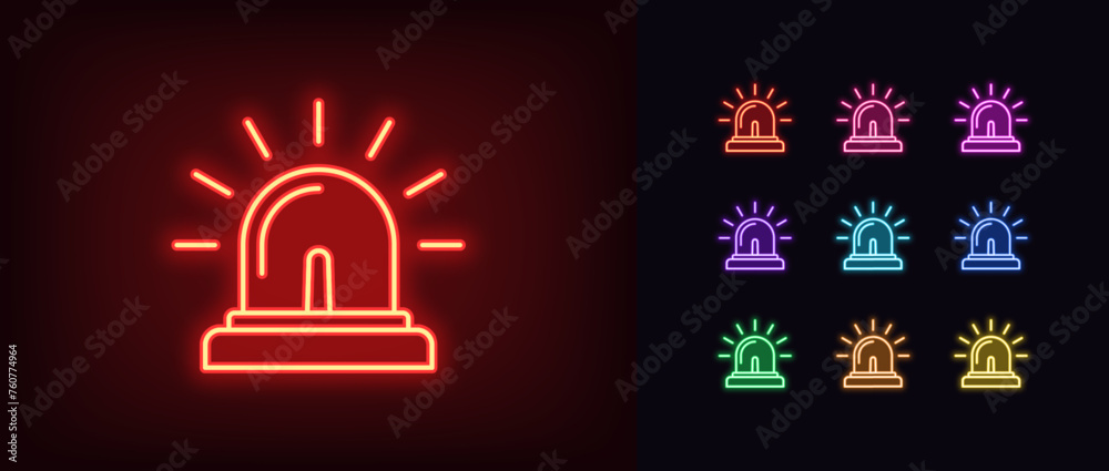 Outline neon siren lamp icon set. Glowing neon emergency beacon with ...