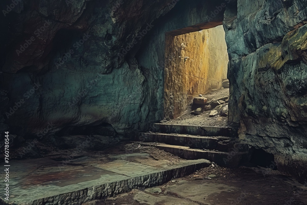 Spooky Ancient tomb cave with skeleton. Travel old historic city ...
