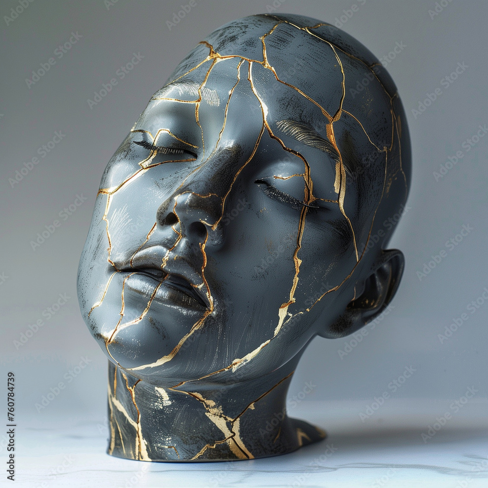 Antique sculpture head restored with japanese Kintsugi technique, gold ...