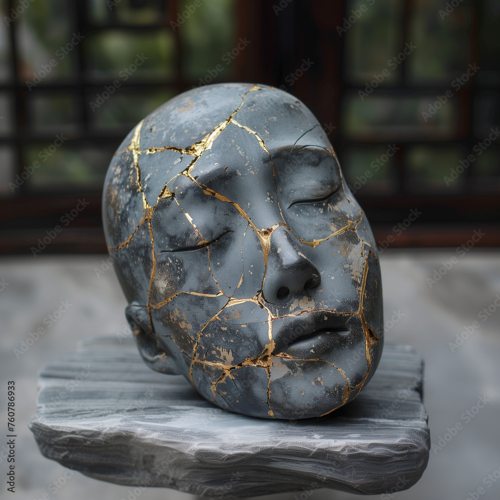 Antique sculpture head restored with japanese Kintsugi technique ...