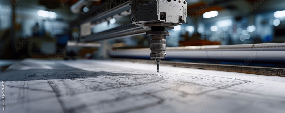 Professional Large Format Plotter At An Engineering Office Printing Design Blueprints As Wide