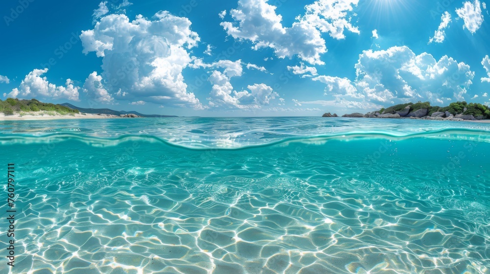 Half underwater half sky with turquoise sea and a white sand beach with ...