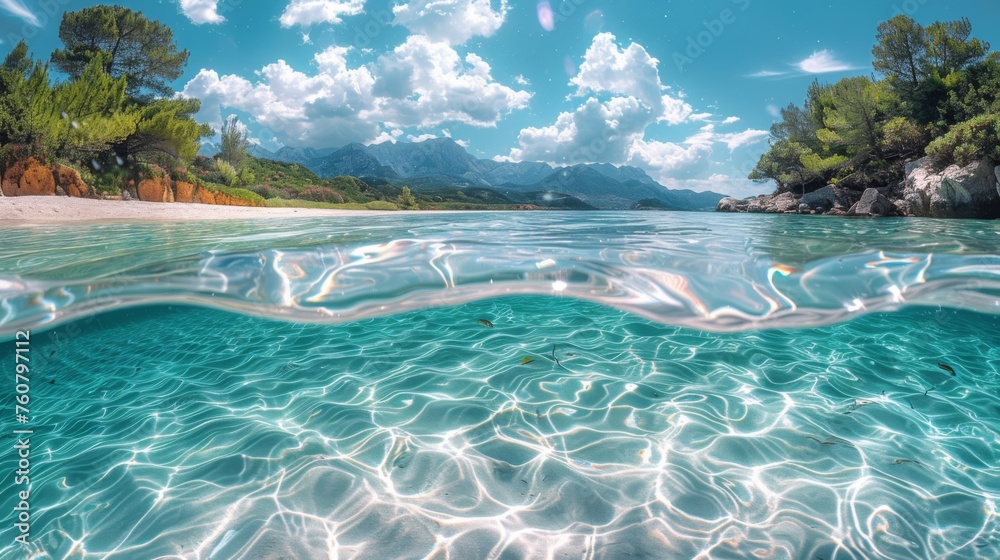 Half underwater half sky with turquoise sea and a white sand beach with ...