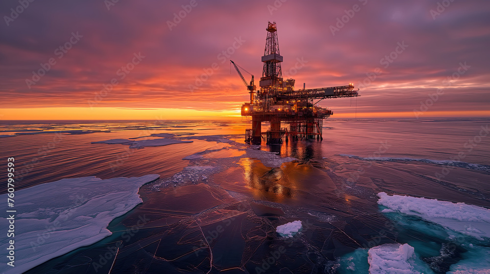 The stark contrast of a glowing arctic twilight and floating icebergs ...