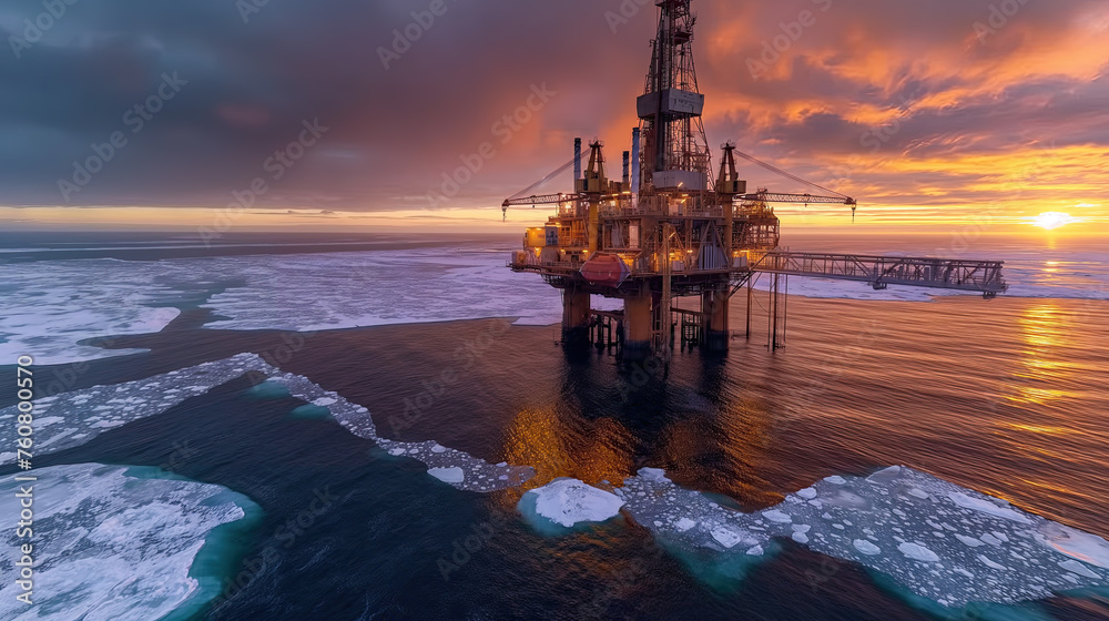 The stark contrast of a glowing arctic twilight and floating icebergs ...
