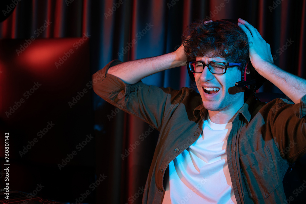 Stressful young gaming streamer team playing with Esport online on ...