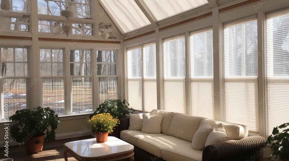 Sunroom fitted with concealed motorized UV window shades. Stock Photo ...