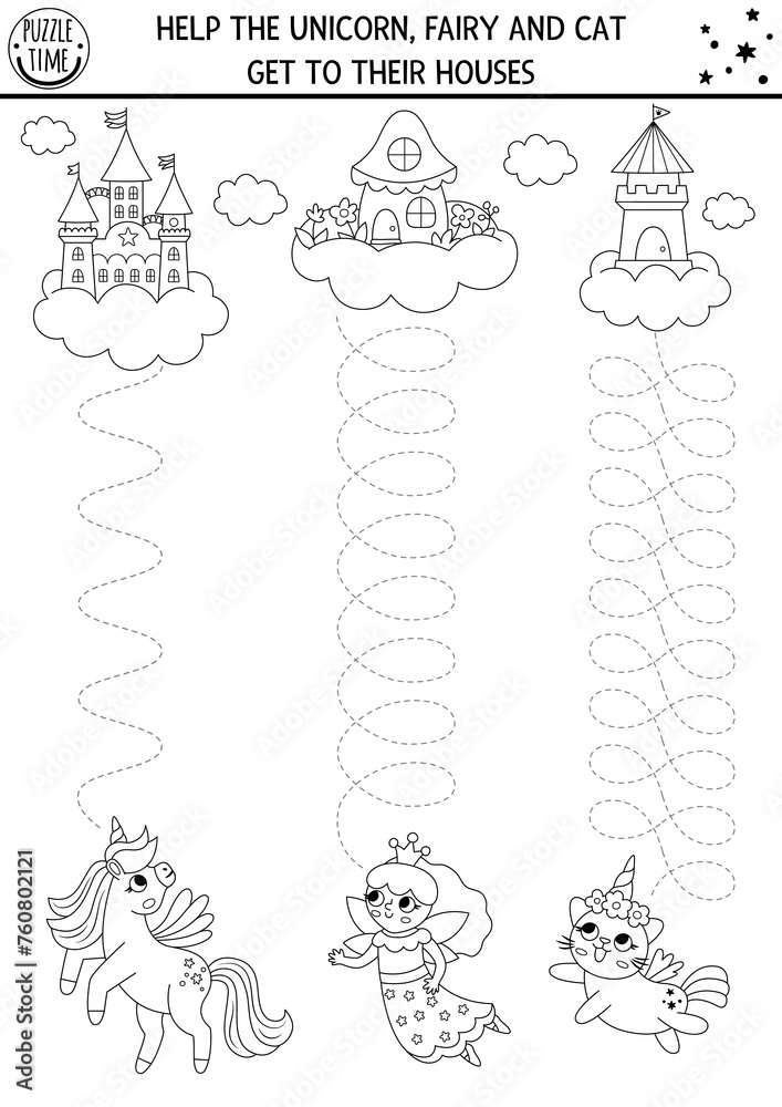 Vector handwriting practice worksheet with unicorn, fairy, cat and ...