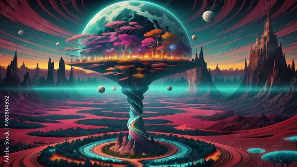 Colorful mountains landscape with big tree. High mountains and ...