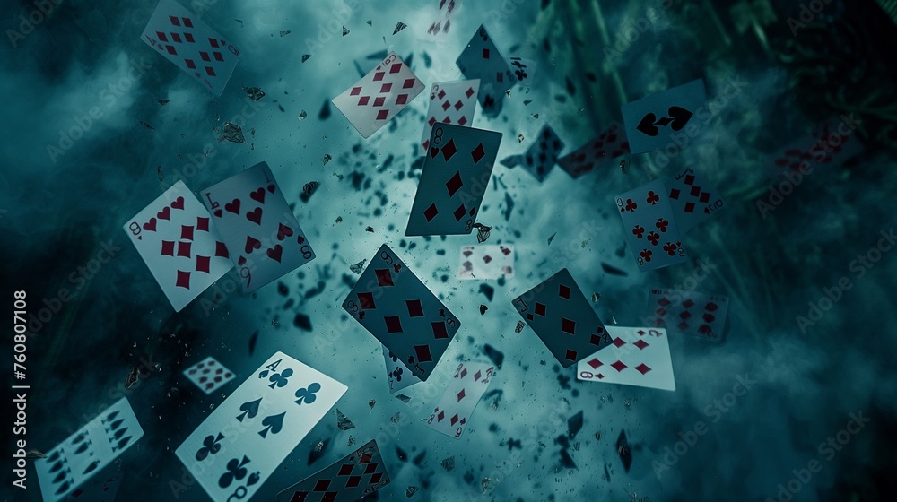A dramatic overhead perspective captures a deck of playing cards ...