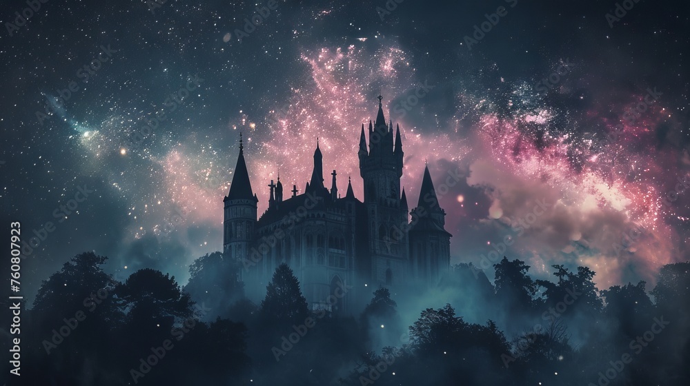 Gothic castle silhouette with smoke surrounding the structure under a ...