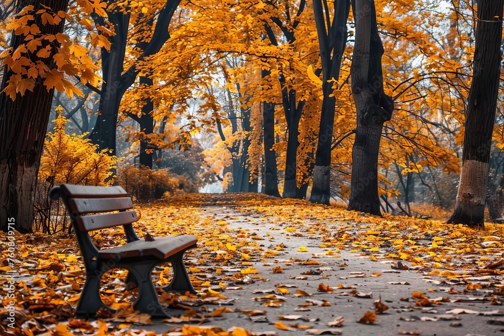 Cozy autumn park scene With a path lined by trees shedding golden ...