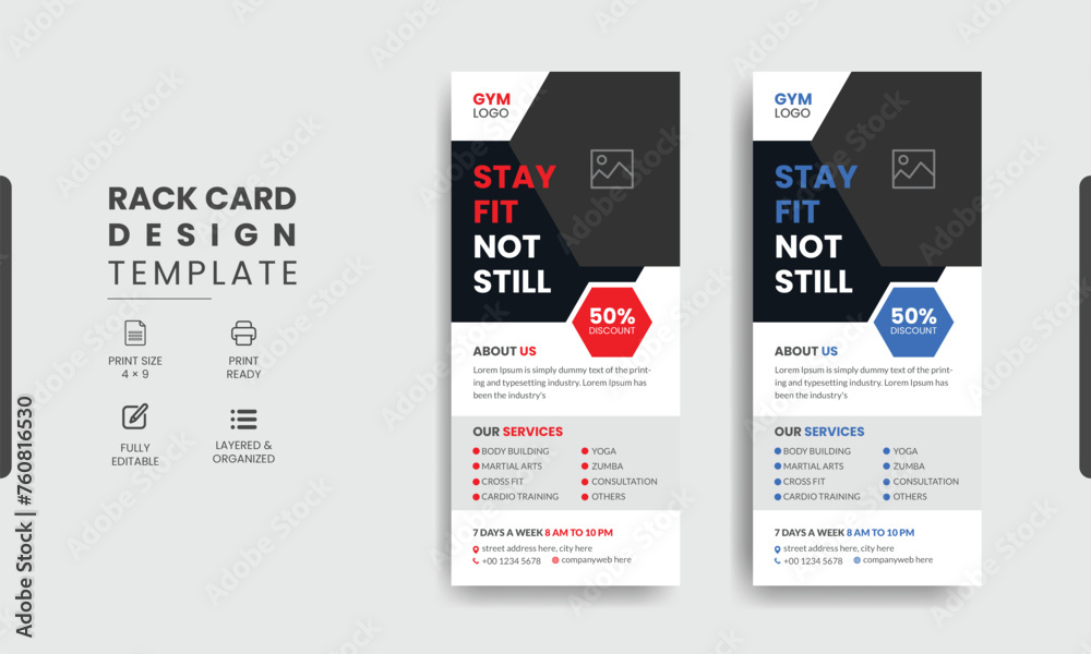 Gym & fitness rack card design template, Fitness gym social dl flyer or ...