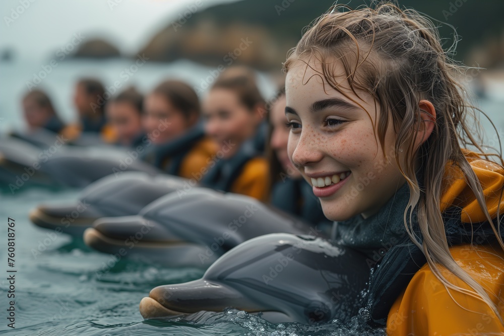 A joyful young girl wearing a smile on her human face, surrounded by a ...