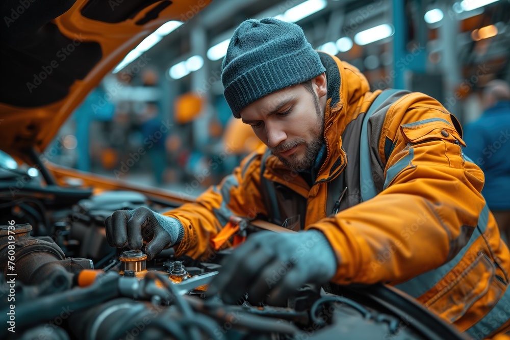 A skilled mechanic adjusts components under the hood of a car ...
