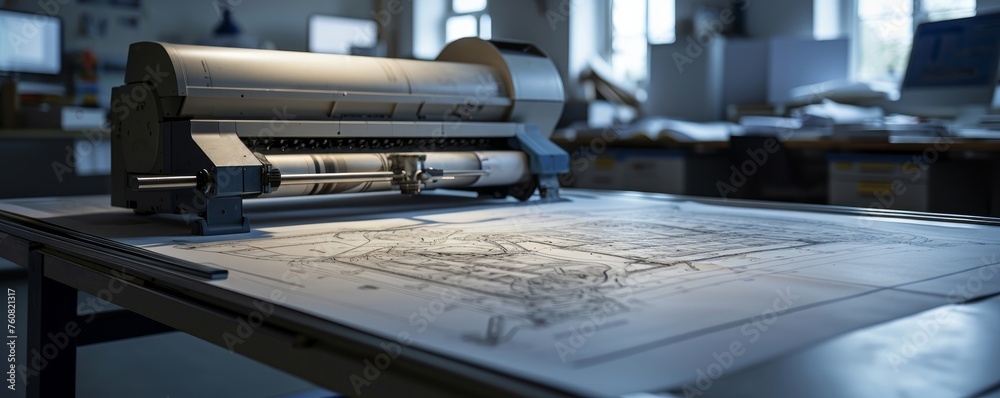 Professional Large Format Plotter At An Engineering Office Printing Design Blueprints As Wide