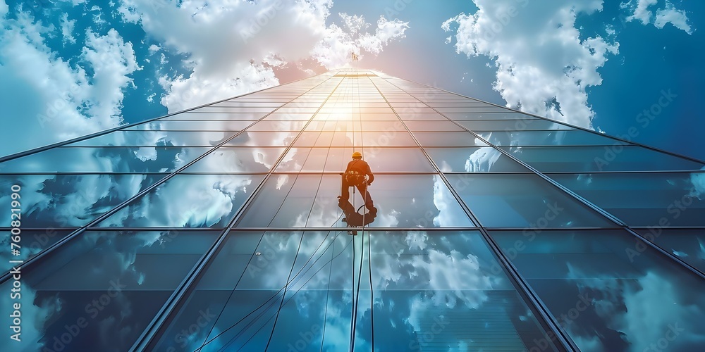 Workers scale skyscraper for glass cleaning using professional climbing ...