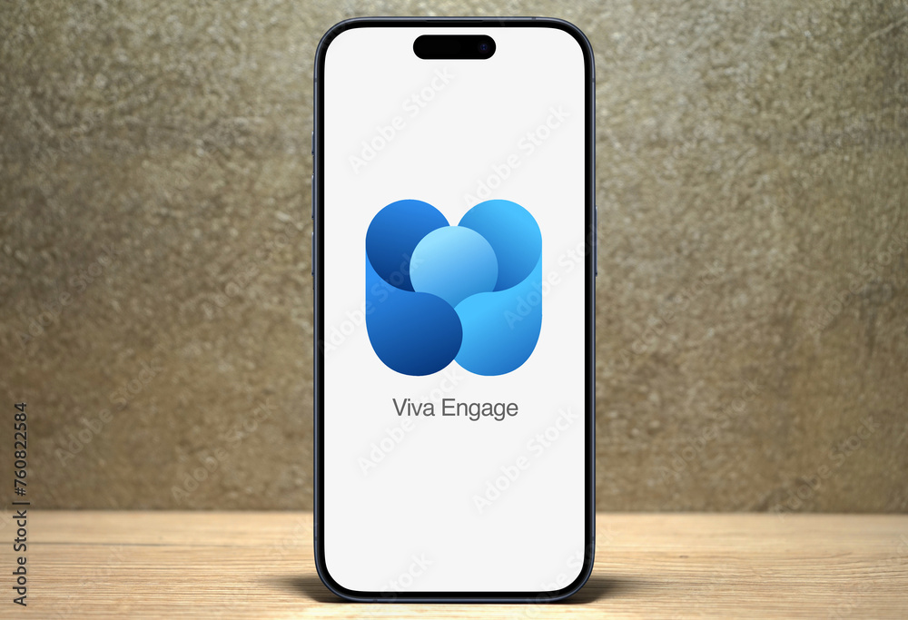 Viva Engage Logo is displayed on a modern smartphone, enterprise social ...