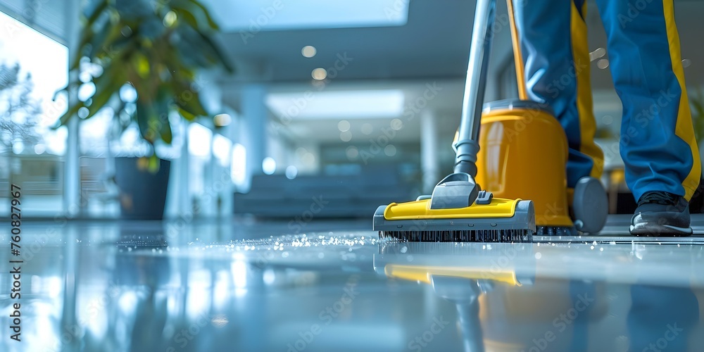 A person in uniform using a vacuum cleaner in an office . Concept ...