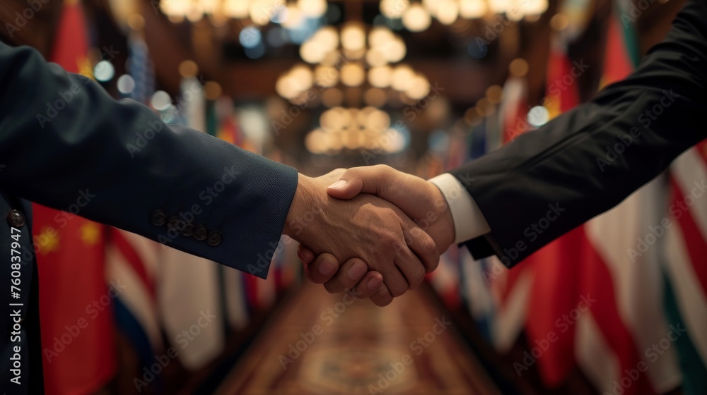 Trade Negotiation Agreement: Two diplomats shaking hands in front of ...