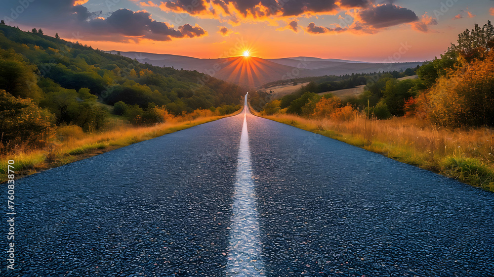 beautiful sun rising sky with asphalt highways road in rural scene use ...