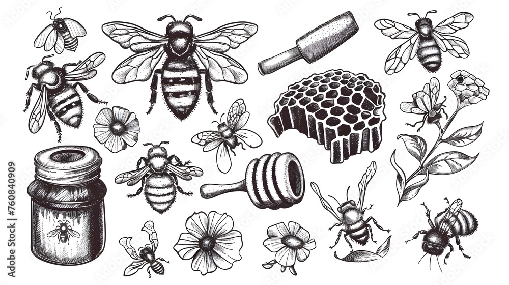 Bees set honey clipart Hand drawn bee honey elements Hive honeycomb pot ...