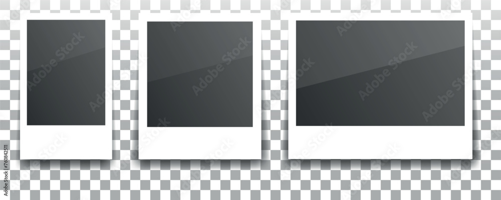 3 vintage photo frames with shadow on transparent background. Empty ...