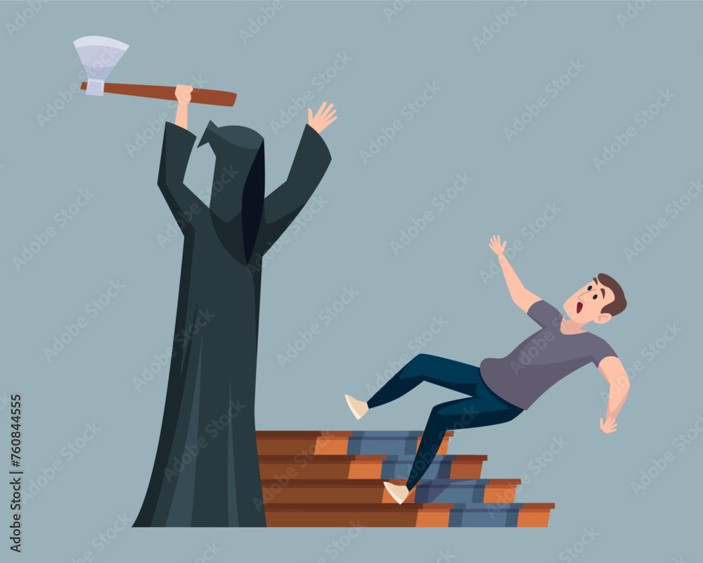 Falling from fear man falling on stairs when watching death with axe ...