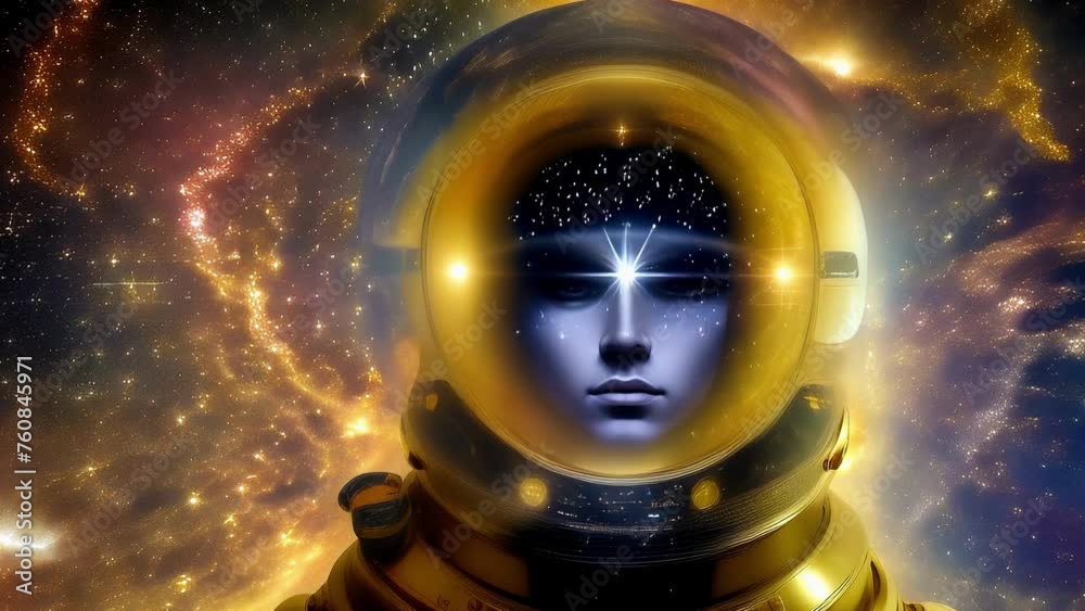 A golden teenage astronaut floats in the abyss of space, surrounded by ...
