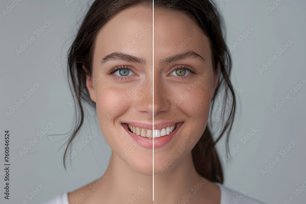 Professional teeth whitening and cleaning. Young smiling woman showing ...