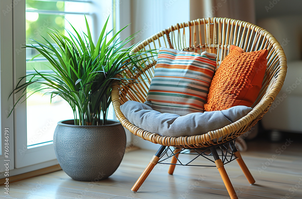 Cozy wicker chair with cushions beside a potted green plant in a modern ...