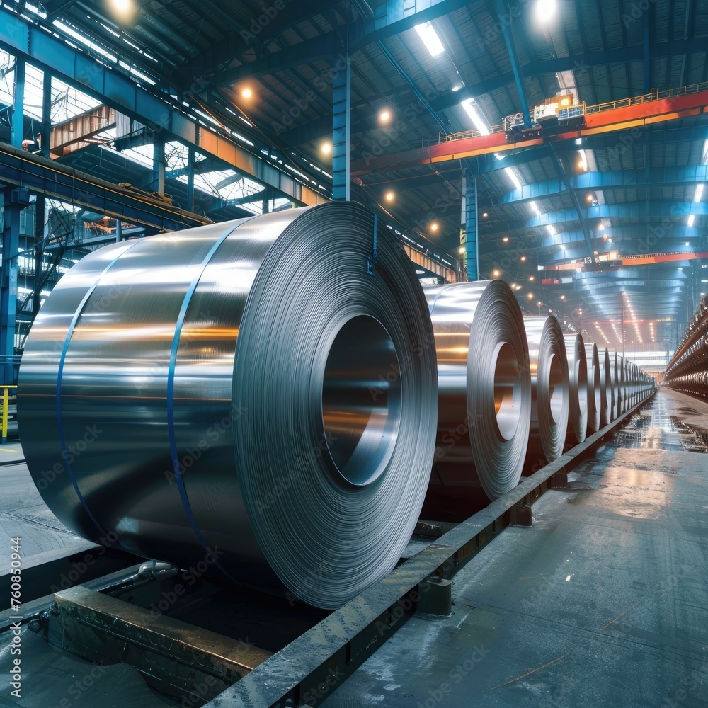 Industrial steel coils in a storage facility - Large steel coils neatly ...