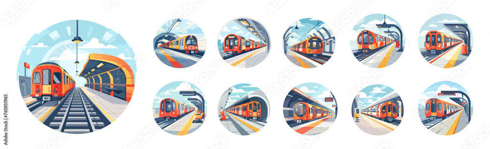 Train station cartoon vector scenes. Ground departure arrival location ...