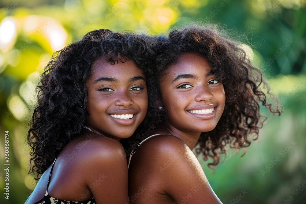 Two girls, black, African-American, identical twin sisters, one dark ...
