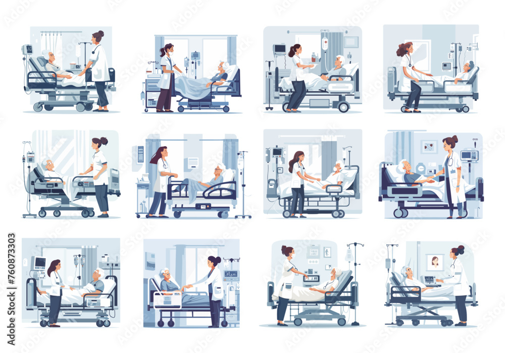 Hospital patient care cartoon scenes vector set. Nurse doctor woman ...