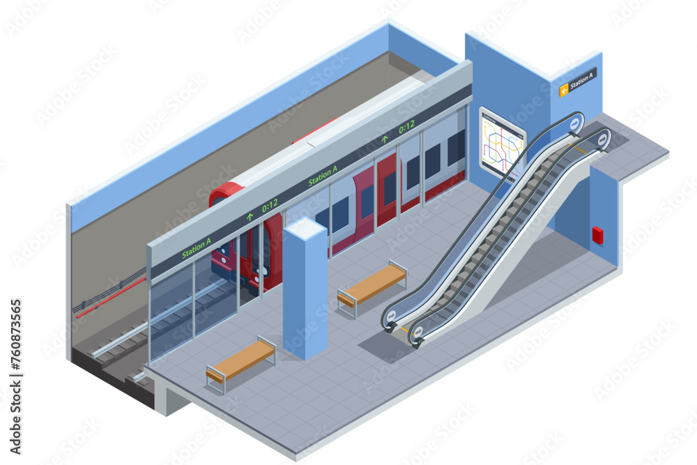 Isometric subway station platform. High speed train. Included ...